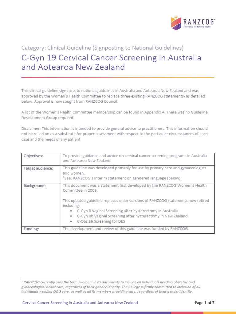 Cervical Cancer Screening Australia New Zealand | PDF | Cervical Cancer ...