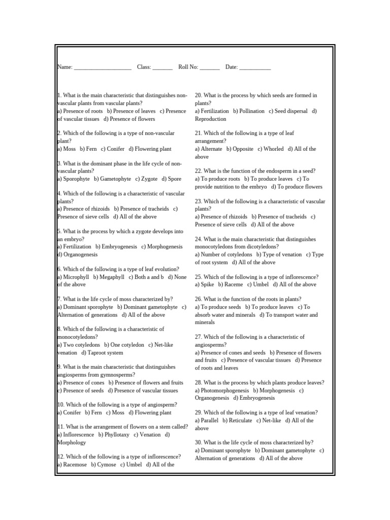 Biology Test NonVascular Vascular Plants | PDF | Seed | Leaf