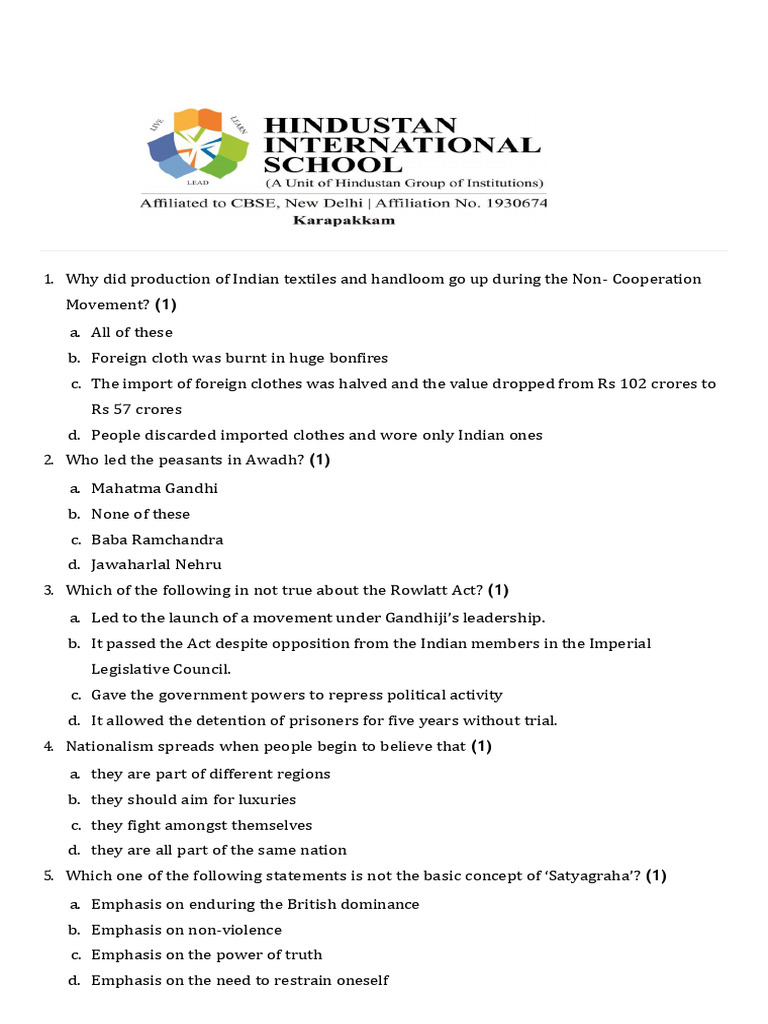 Nationalism in India Test Paper 02 | PDF | Mahatma Gandhi | Indian ...