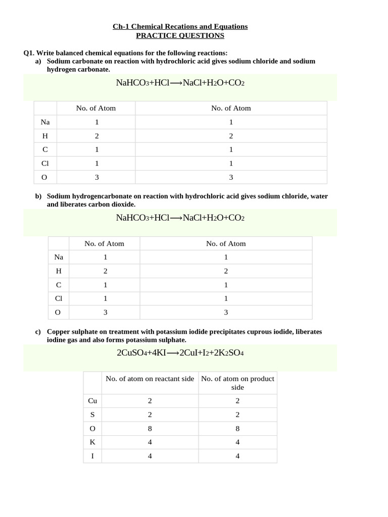 Chemical Reactions and Equations Practice Questions (7 May 23) | PDF ...