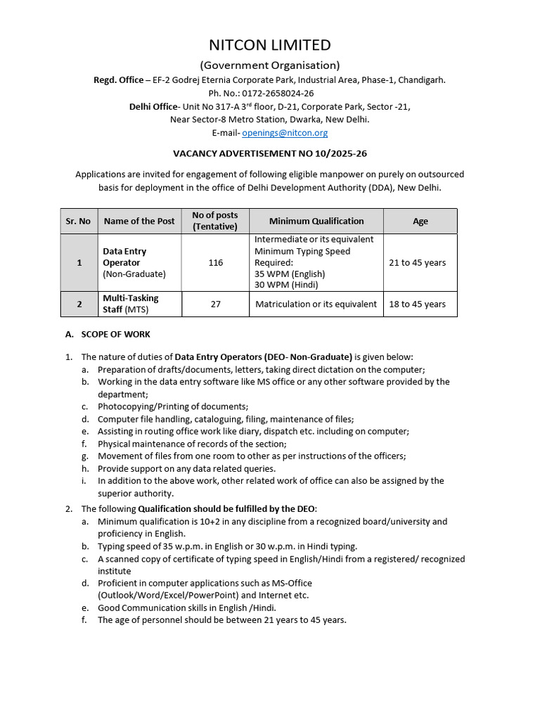 NITCON Delhi Recruitment 2025-26 | PDF | Multiple Choice