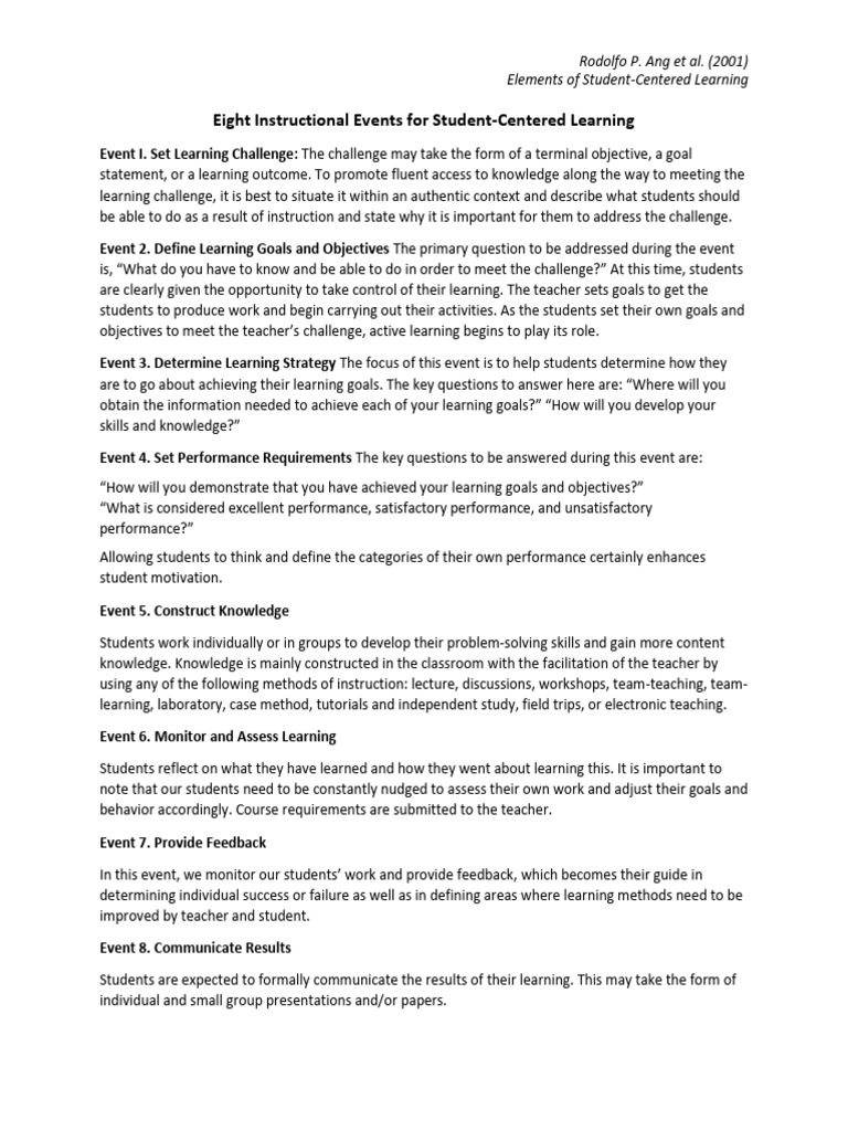 Handout#1- Events of Instruction in SC Learning | PDF | Learning | Teachers