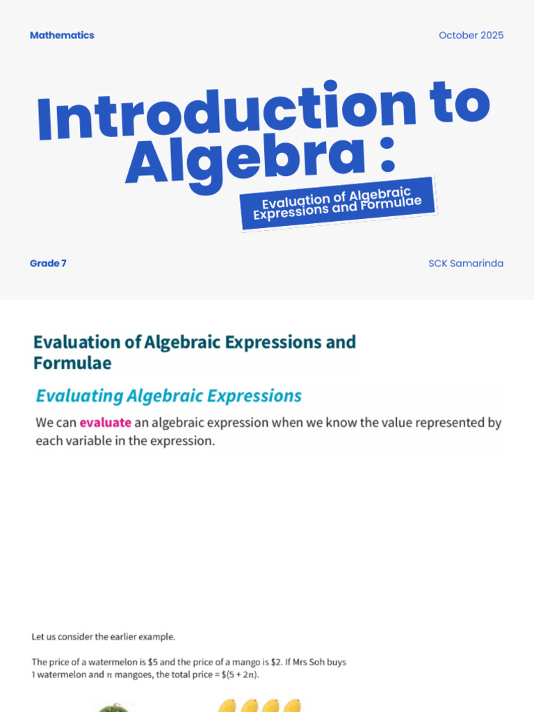 Introduction To Algebra Evaluation of Algebraic Expressions and ...