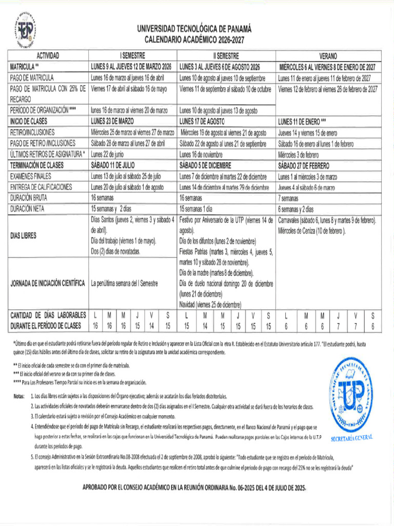 Utp Calendario Academico 2026 2027 | PDF