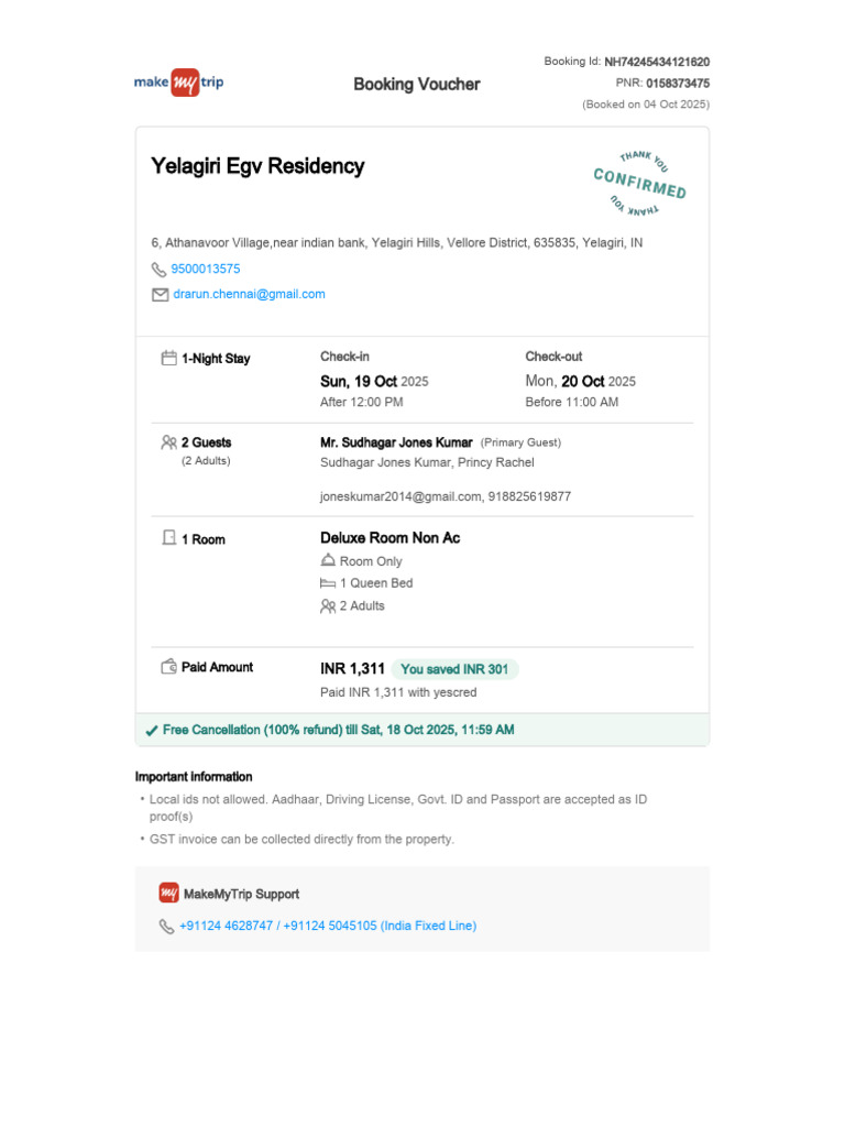 Yelagiri Hotel Booking Confirmation | PDF