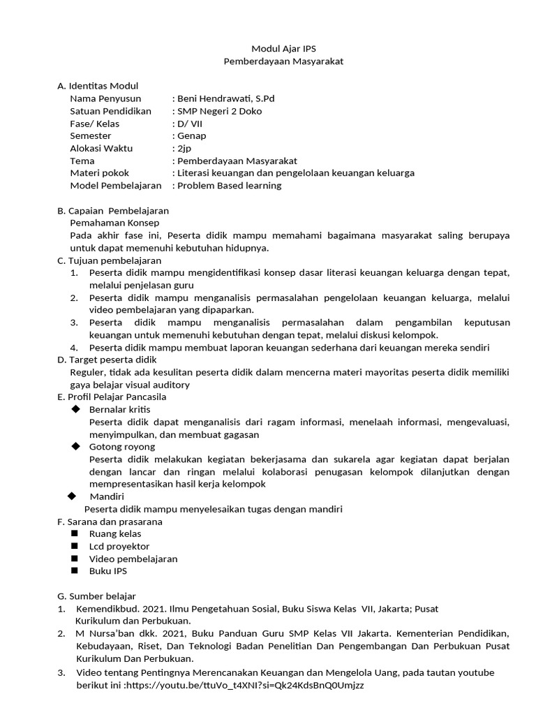 Modul Ajar IPS: Literasi Keuangan SMP | PDF