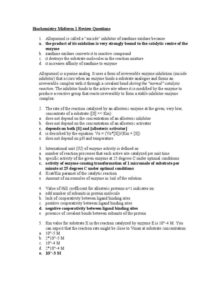 Biochemistry Midterm 1 Questions | PDF | Enzyme Inhibitor | Active Site