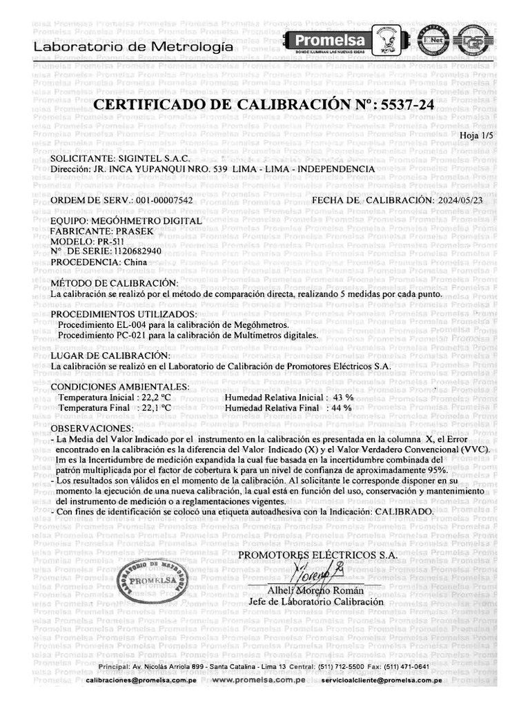 Certificado de Calibrado de Megometro - Sigintel | PDF