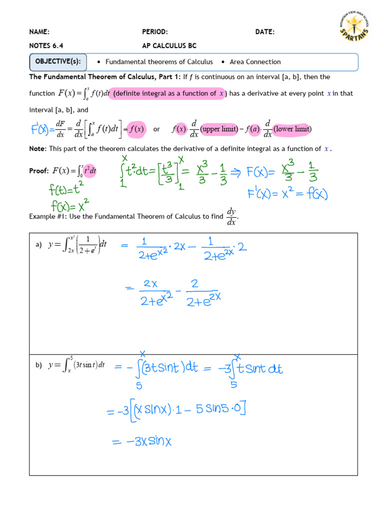 Notes 6.4 Fundamental Theorem of Calculus KEY | PDF | Integral | Calculus