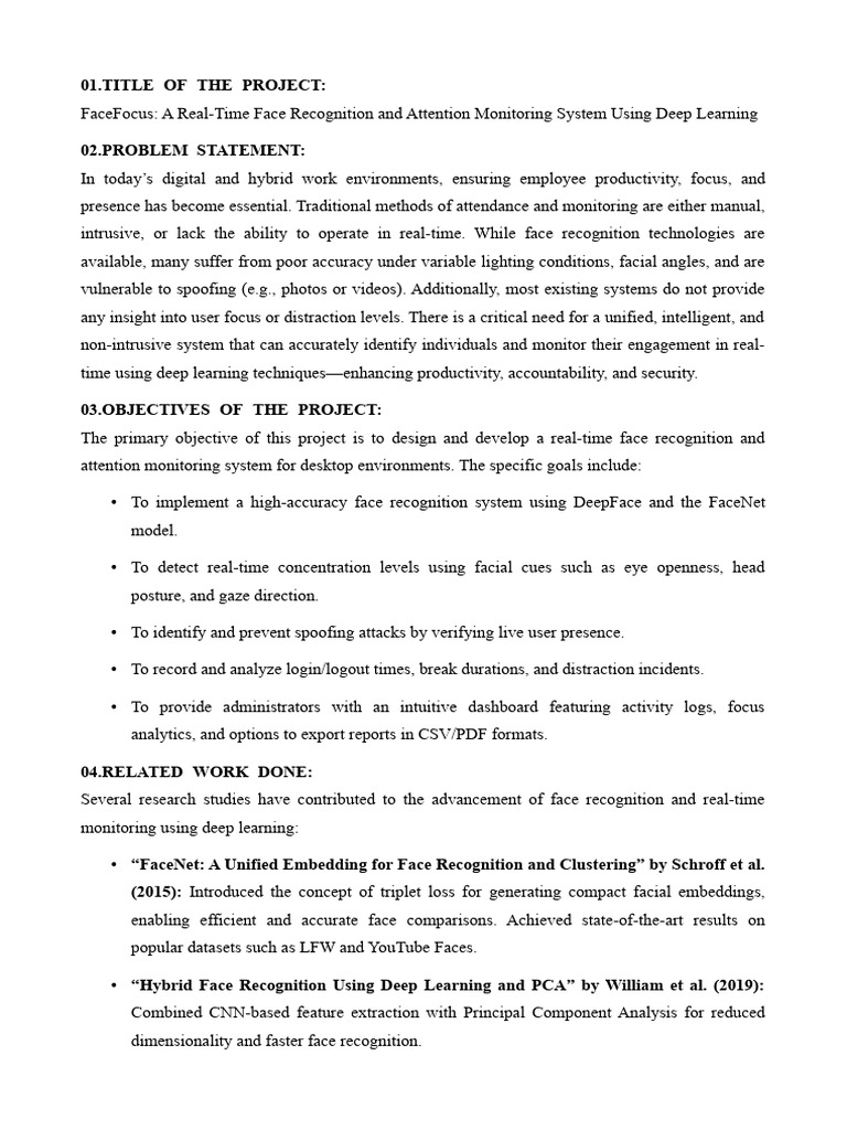 FaceFocus Project Synopsis | PDF | Deep Learning | Principal Component Analysis