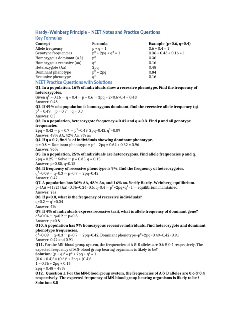 Hardy-Weinberg Principle: NEET Guide | PDF | Dominance (Genetics ...
