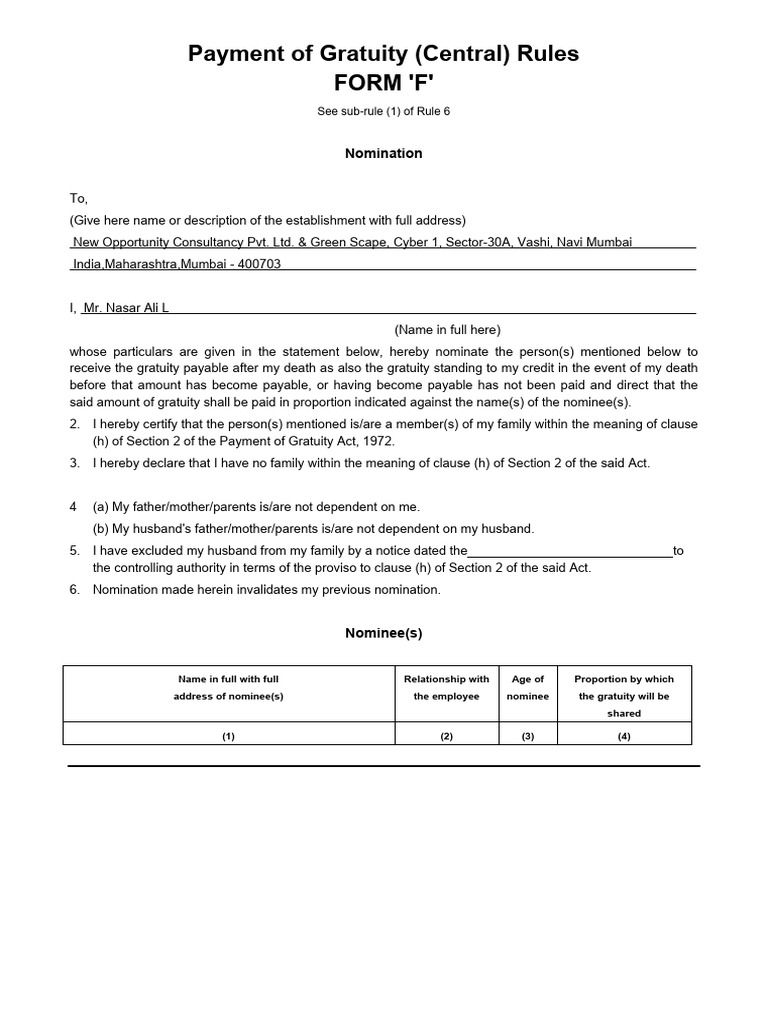Gratuity Nomination Form 'F' Template | PDF