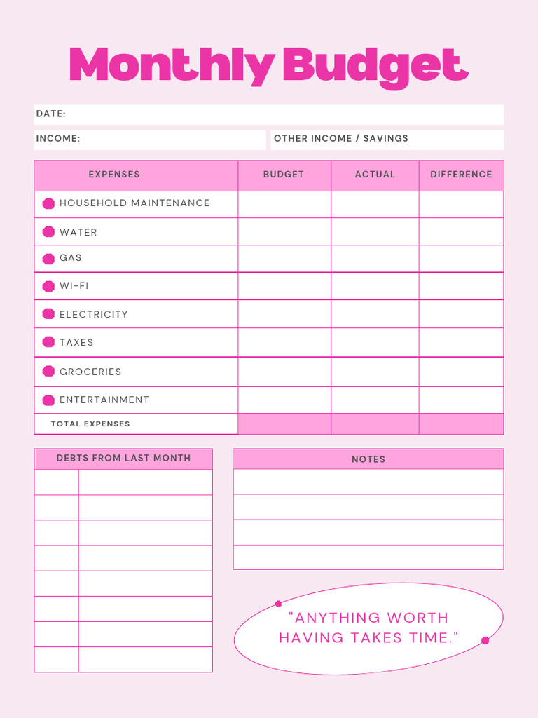 Pink Modern Minimal Monthly Budget Planner | PDF