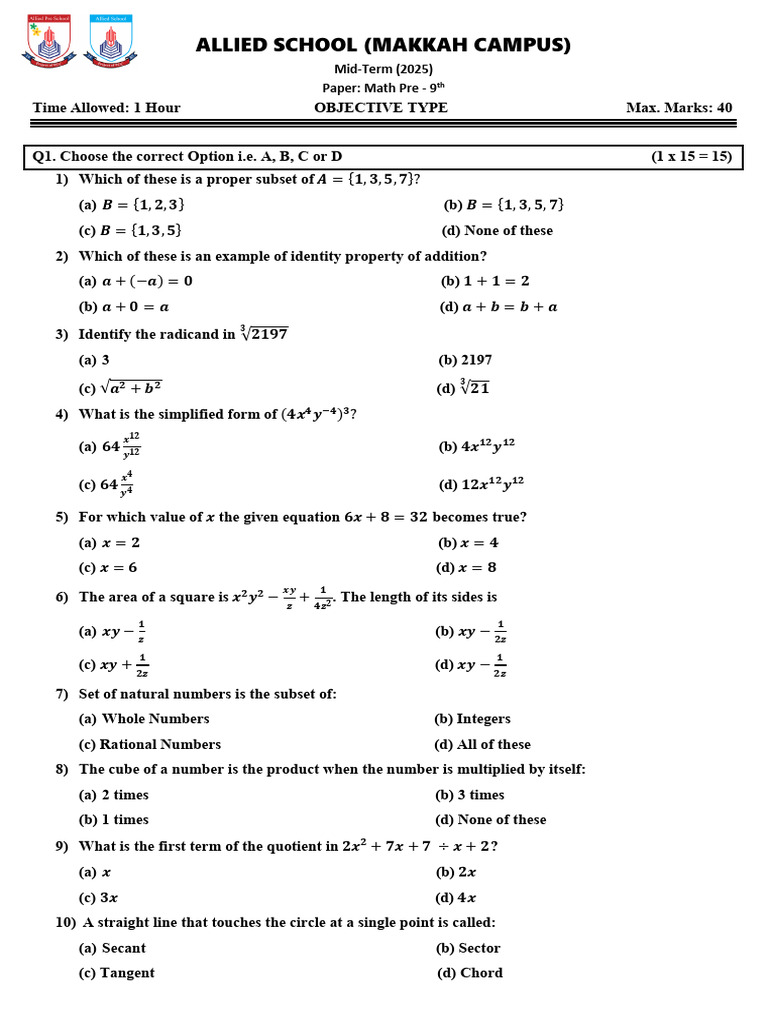Pre-9th Math Mid Term 2025 | PDF | Rational Number | Trigonometric Functions