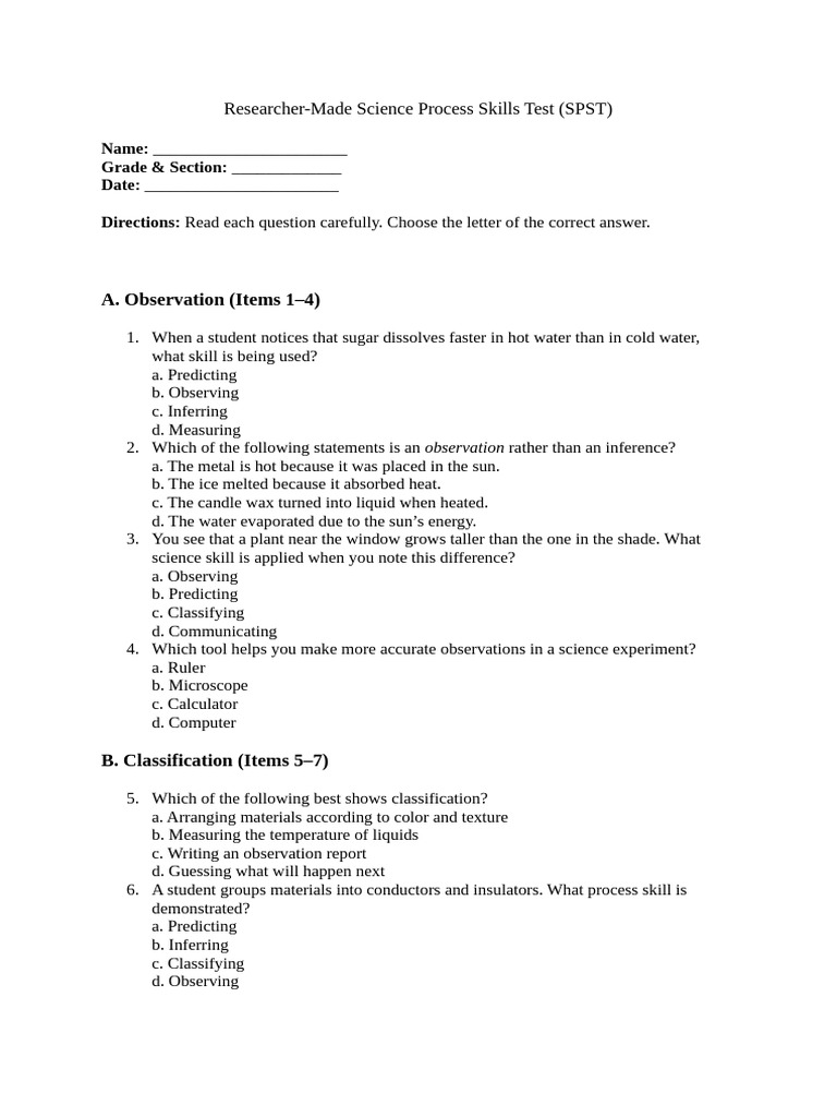 Researcher-Made Science Process Skills Test (SPST) | PDF | Experiment ...