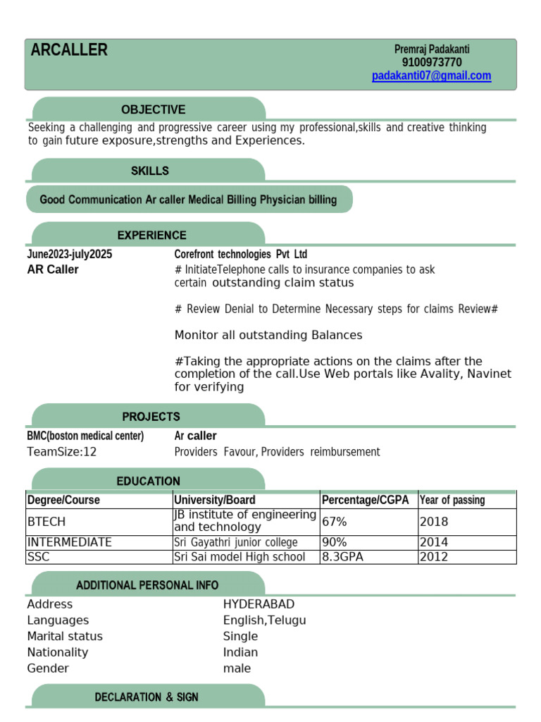 AR Caller Resume of Premraj Padakanti | PDF