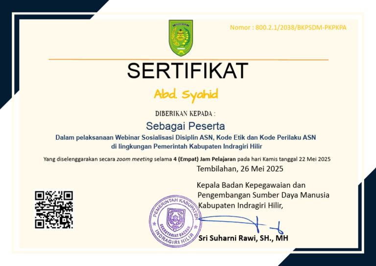 Sertifikat Webinar Disiplin ASN 2025 | PDF