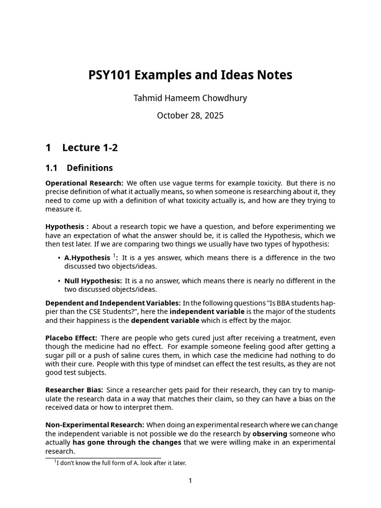 Psy 101 Examples Ideas Lecture1-2 | PDF | Experiment | Placebo