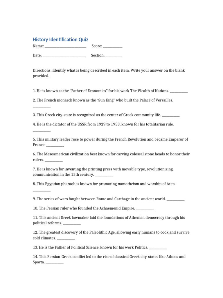 History Identification Quiz Student | PDF