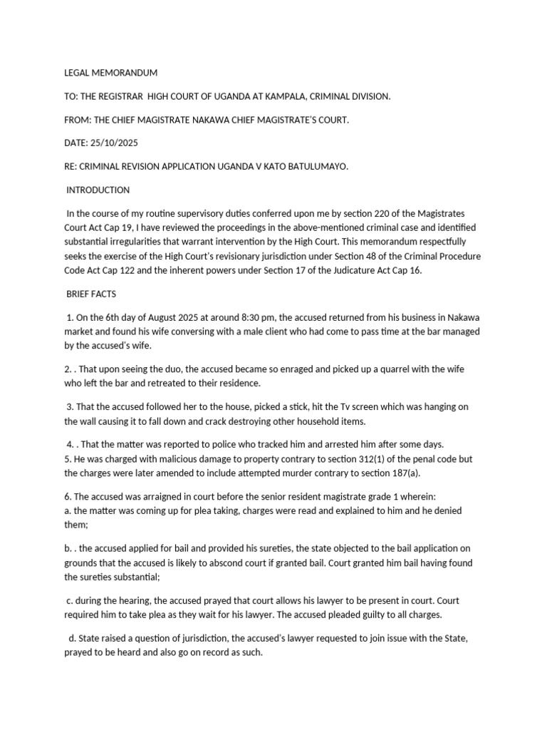 LEGAL MEMORANDUM Uganda V Kato BATULUMAYO Criminal Case No 400 of 2025 ...