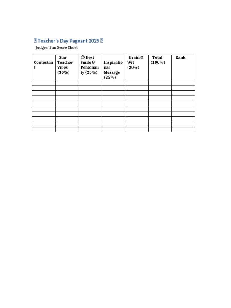 Teachers Day Pageant Tabulation Fun | PDF