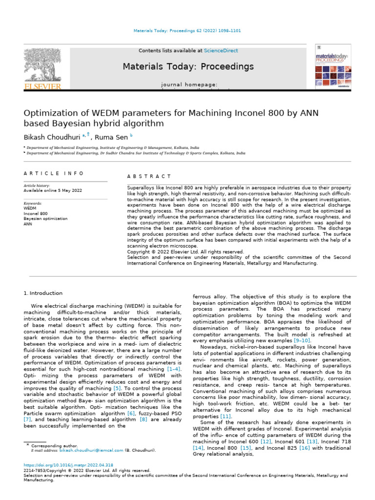 Optimization of WEDM Parameters For Machining Inconel 800 by ANN Based Bayesian Hybrid Algorithm ...