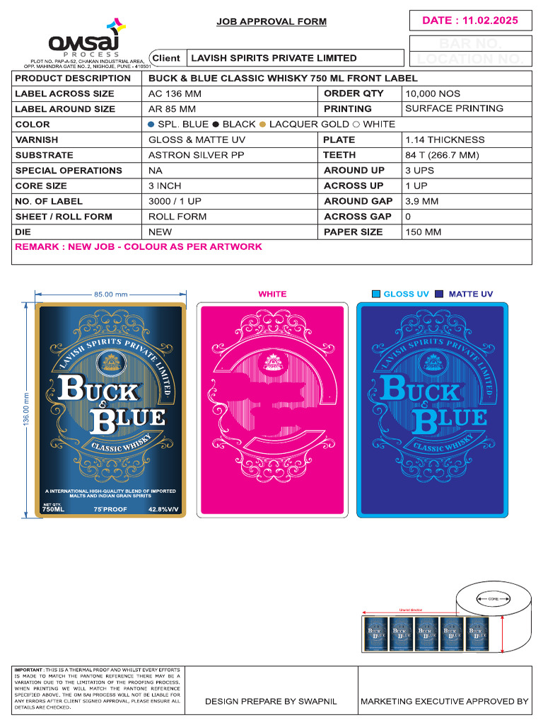 Buck & Blue Classic Whisky 750 ML Front Label | PDF