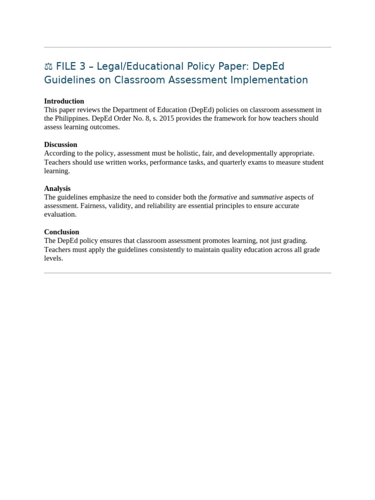Legal or Educational Policy Paper DepEd Guidelines On Classroom ...