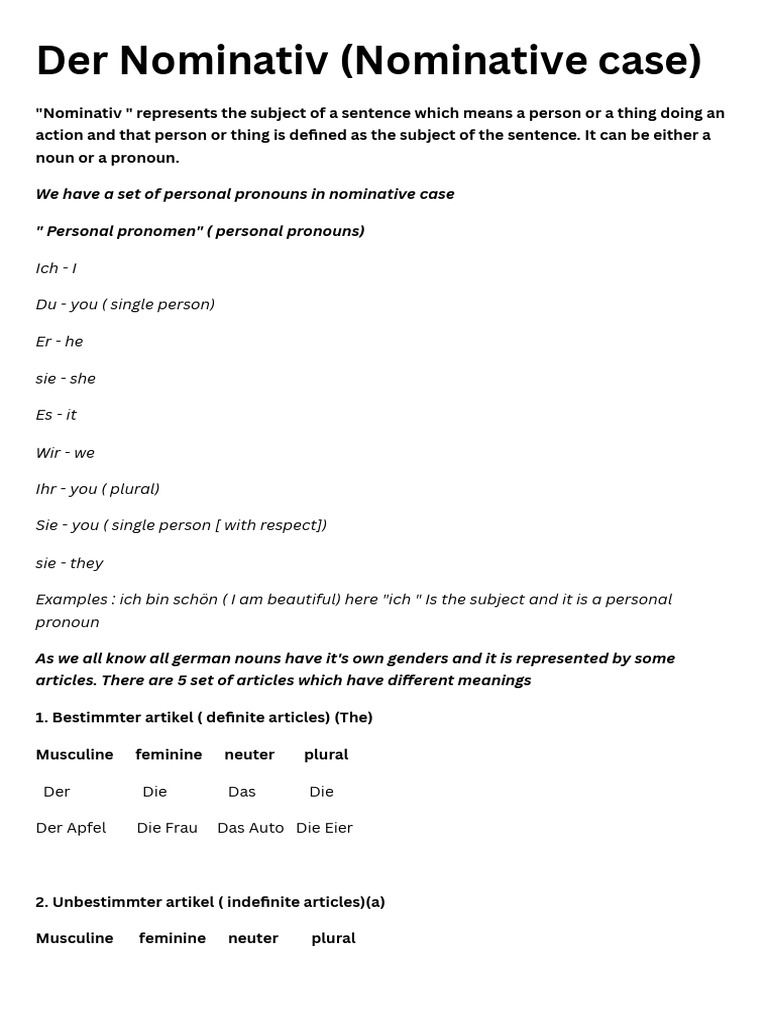 Der Nominativ (Nominative Case) | PDF | Grammatical Gender | Pronoun