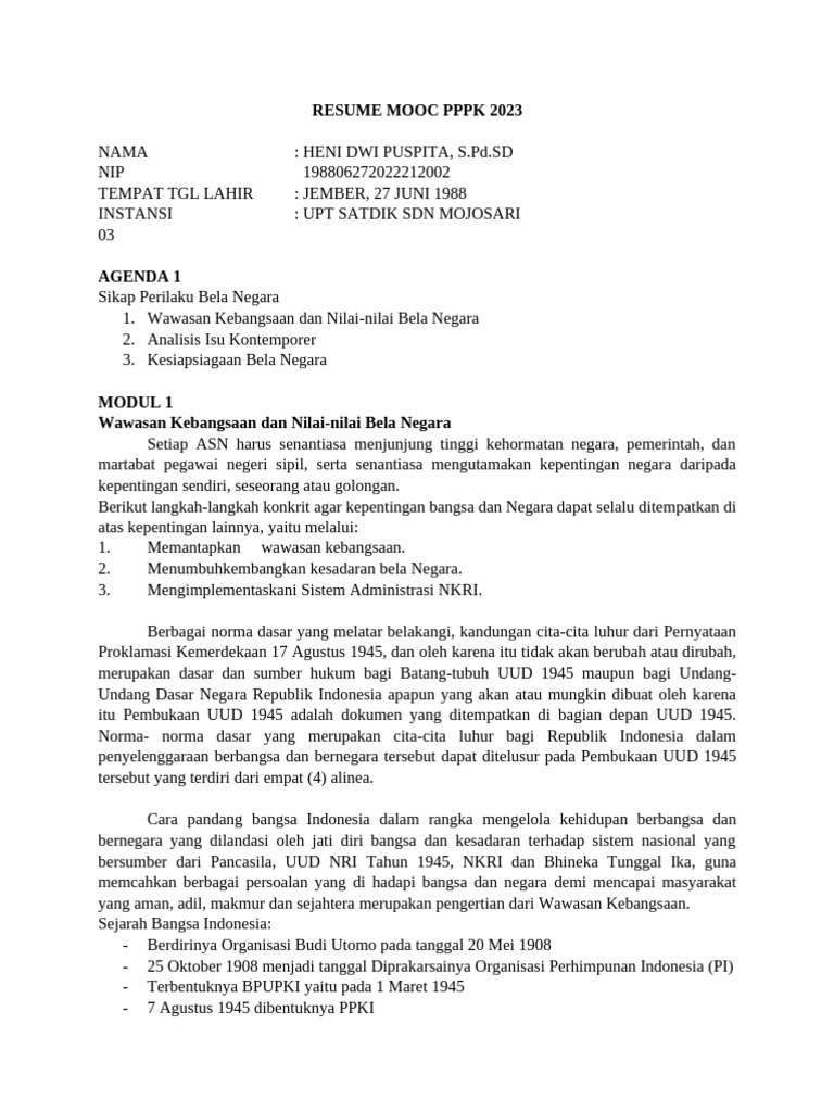 Resume MOOC PPPK 2023: Bela Negara dan Isu Kontemporer | PDF