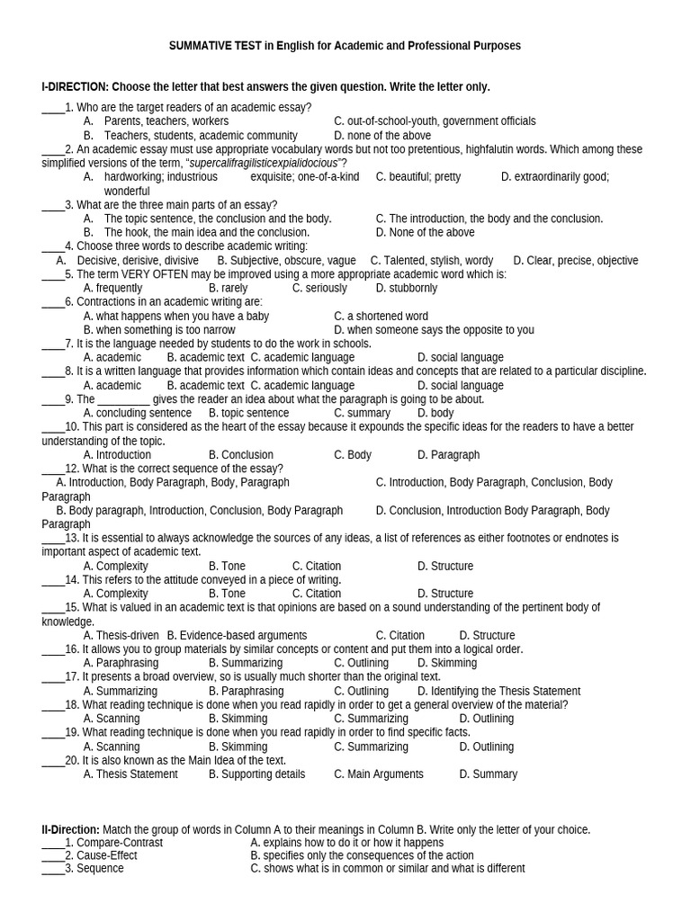 SUMMATIVE TEST in English For Academic and Professional Purposes | PDF ...