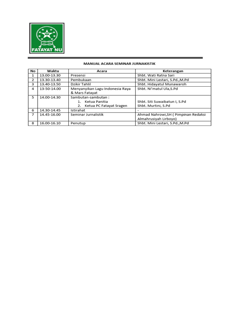Manual Acara Seminar Jurnalistik Fatayat | PDF