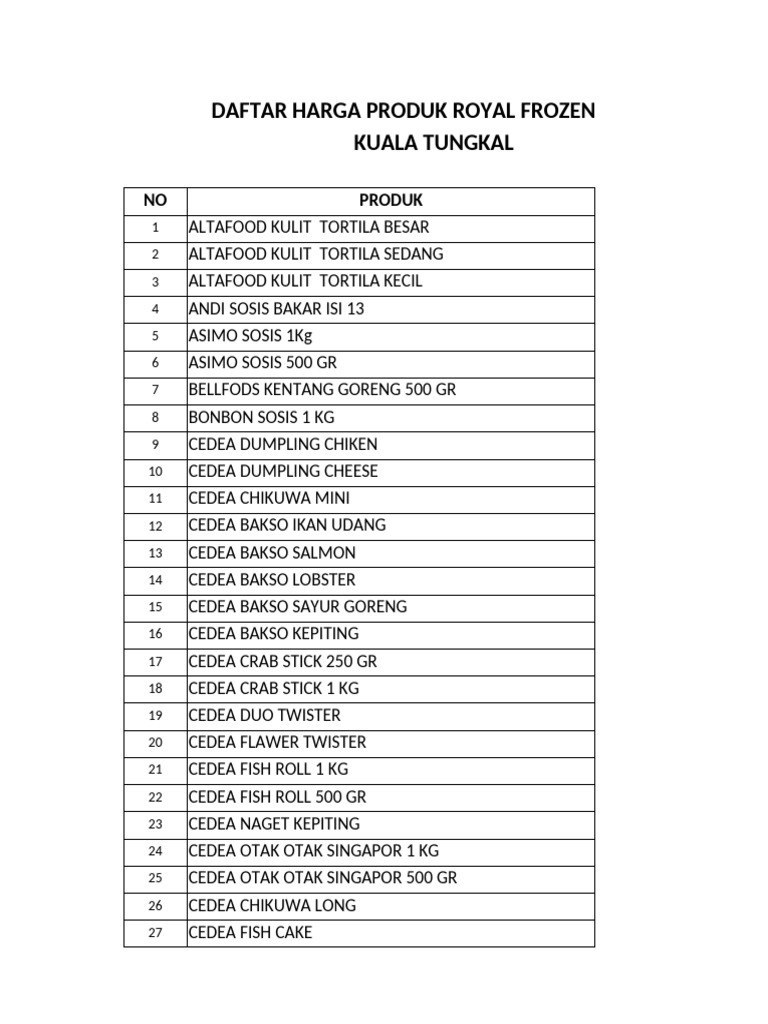 Harga Bakso dan Produk Frozen Food | PDF