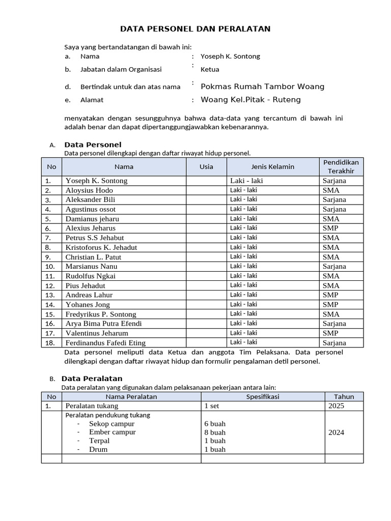 Data Personel Dan Peralatan Rumah Tambor Woang | PDF