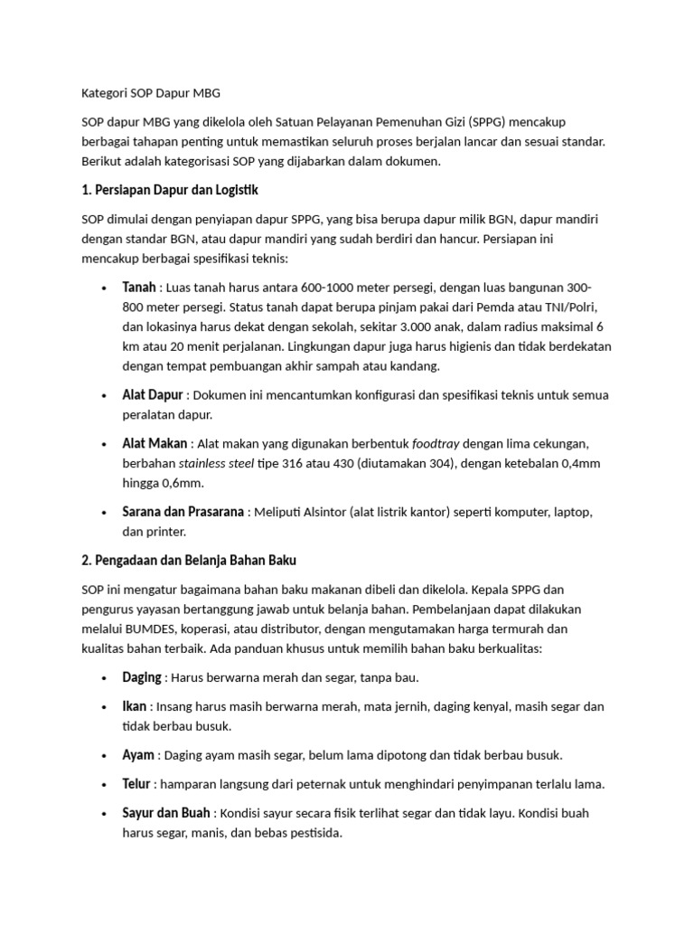 SOP Dapur MBG: Panduan Lengkap dan Terperinci | PDF