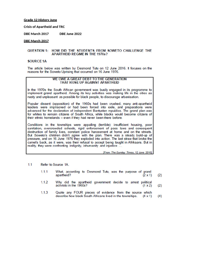 Grade 12 History Crisis and TRC Part 1 | PDF