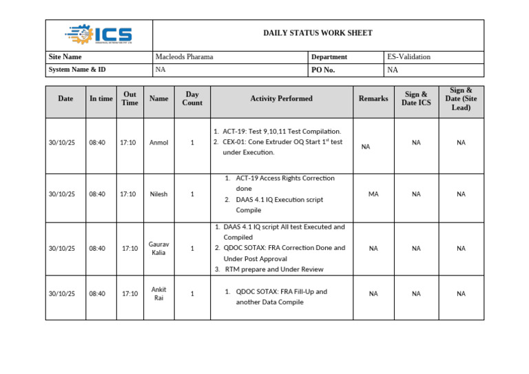 Daily Status Worksheet for ES-Validation | PDF