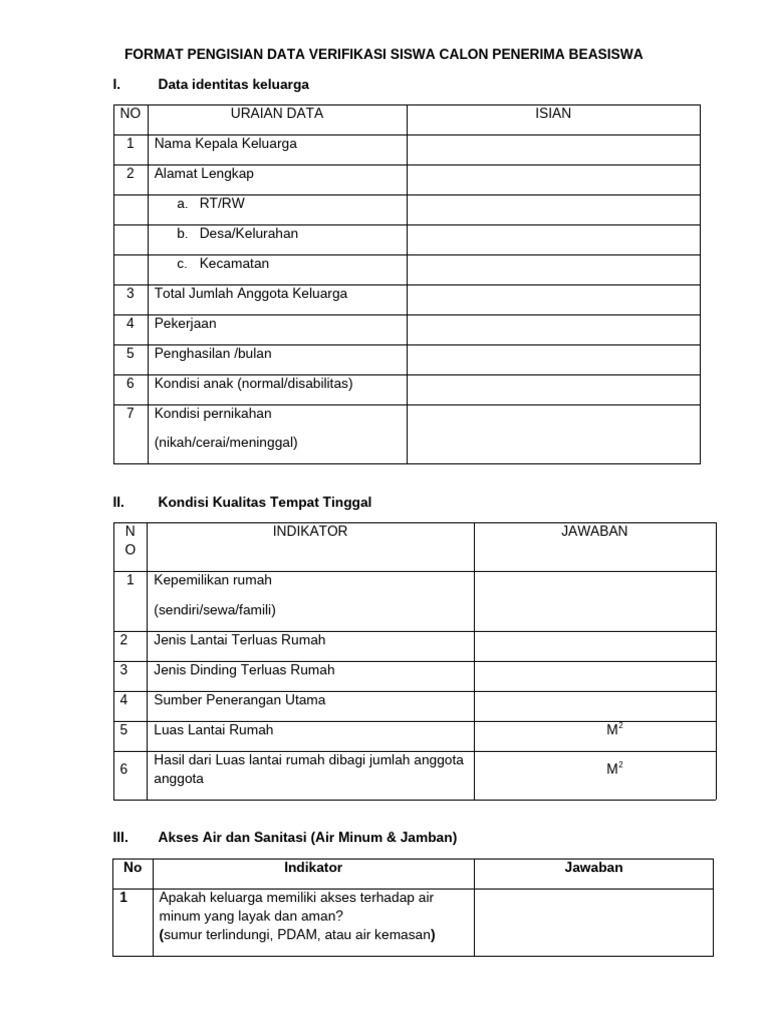 Format Pengisian Data Verifikasi Siswa Calon Penerima Beasiswa | PDF