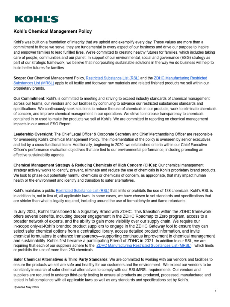 Kohl's Chemical Management Policy Overview | PDF | Waste Management ...