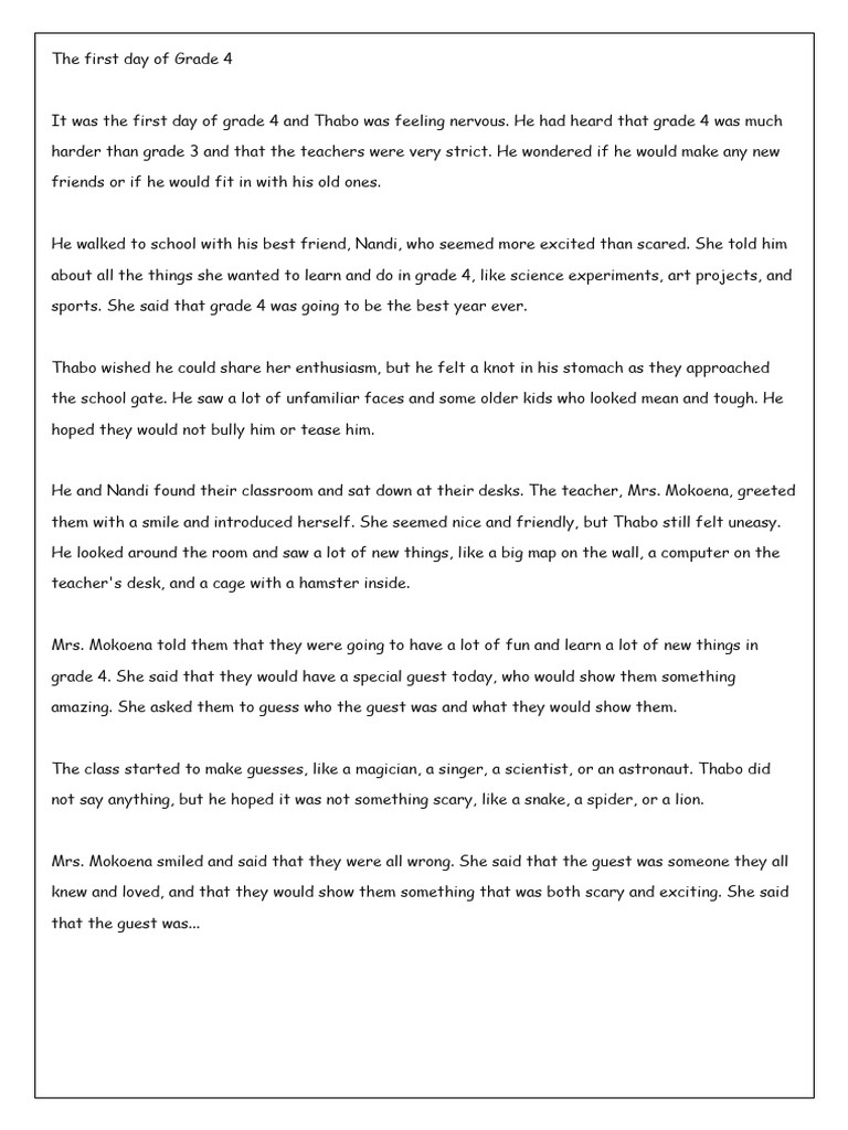 Eng - Gr 4 - Leesstuk - The first day of Grade 4 - T1-2024 | PDF