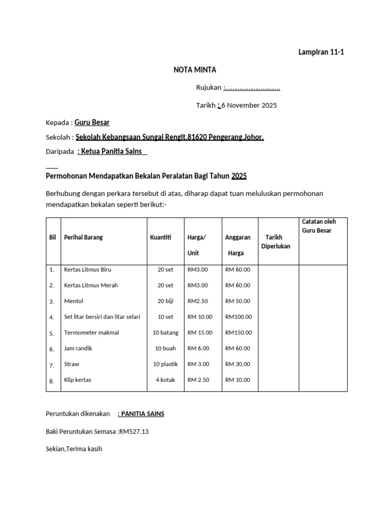 Nota Minta Panitia Sains 2025 BLN 11 | PDF
