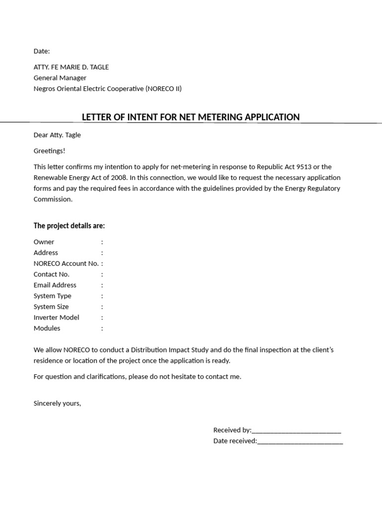 Net Metering Application Intent Letter | PDF