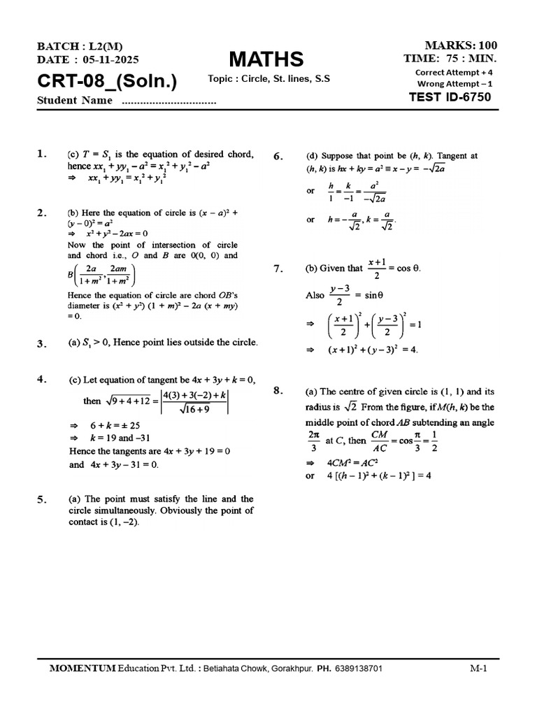 CRT-08 L2 (M) - Circle, St. Lines, S. & S. - (05!11!25) - Solution | PDF