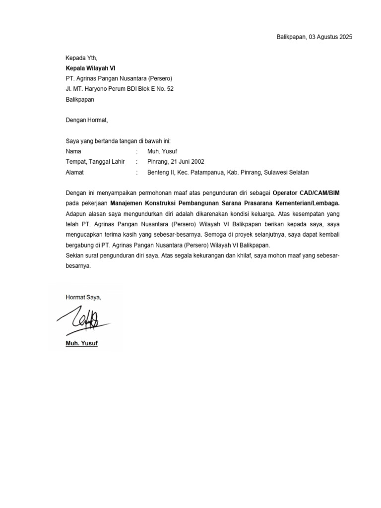 Surat Pengunduran Diri_Muh. Yusuf | PDF