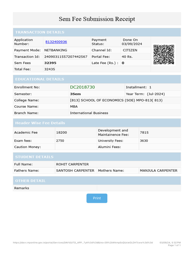 SEM Fee Submission Receipt for MBA | PDF