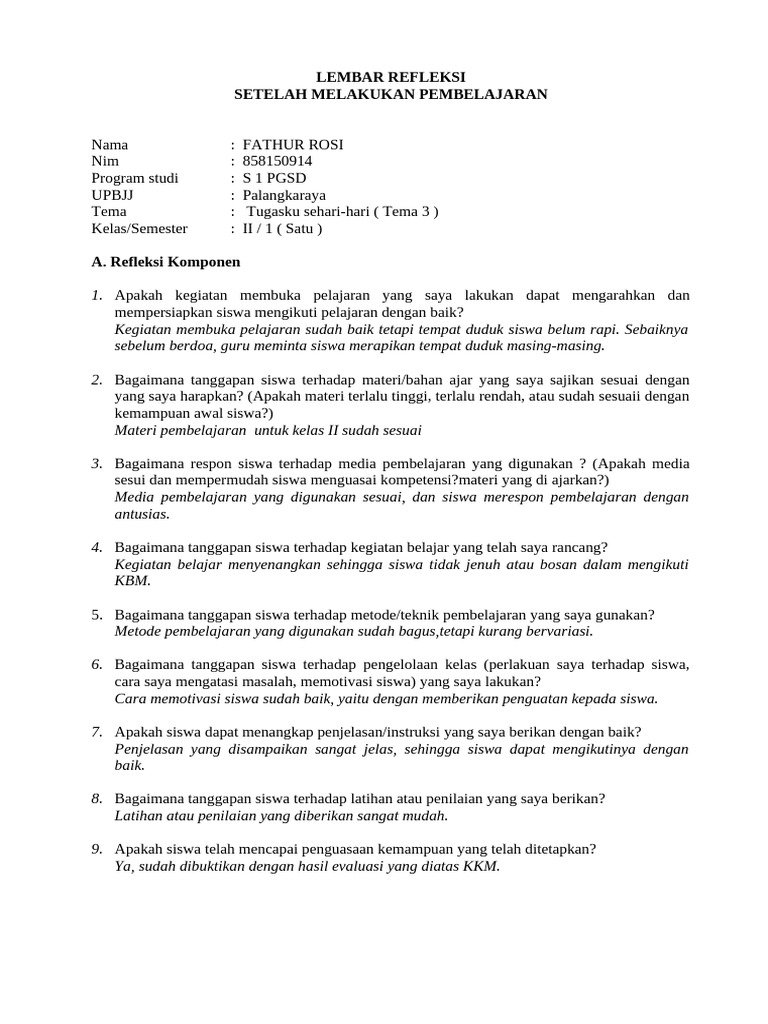 Refleksi Pembelajaran Fathur Rosi | PDF