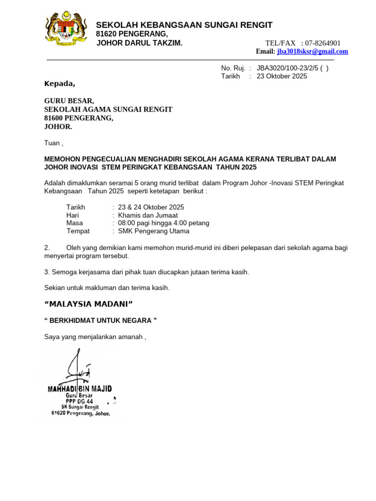 06 Surat Sekolah Agama Johor Stem 2025 Sasr | PDF