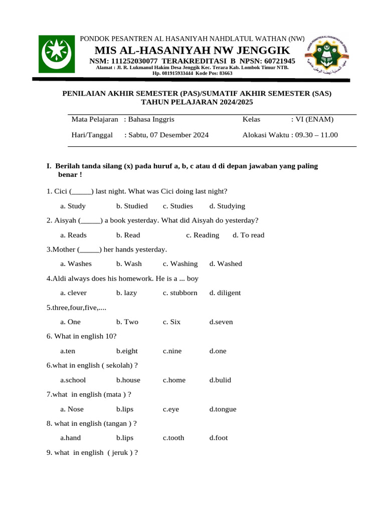 Soal Bing 6 2025 | PDF