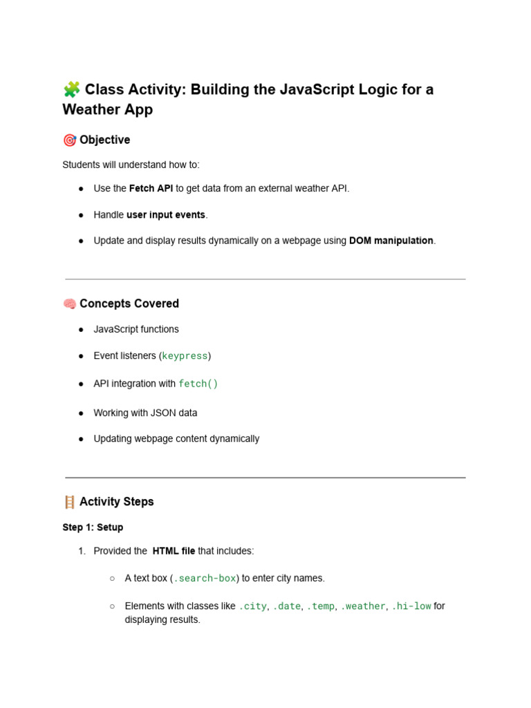 ? Class Activity - BuJavaScript Logic For A Weather App | PDF | Java Script | Document Object Model