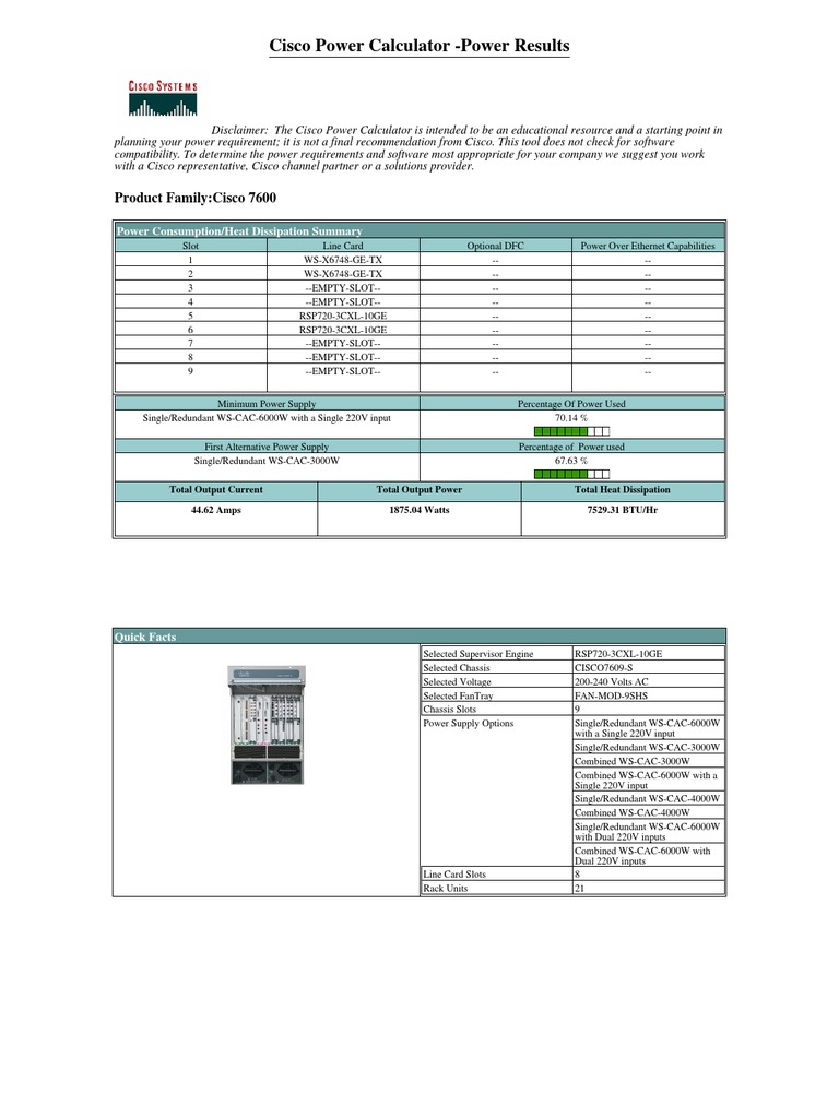 PowerCalc Cisco 7609-S | Mains Electricity | Cisco Systems